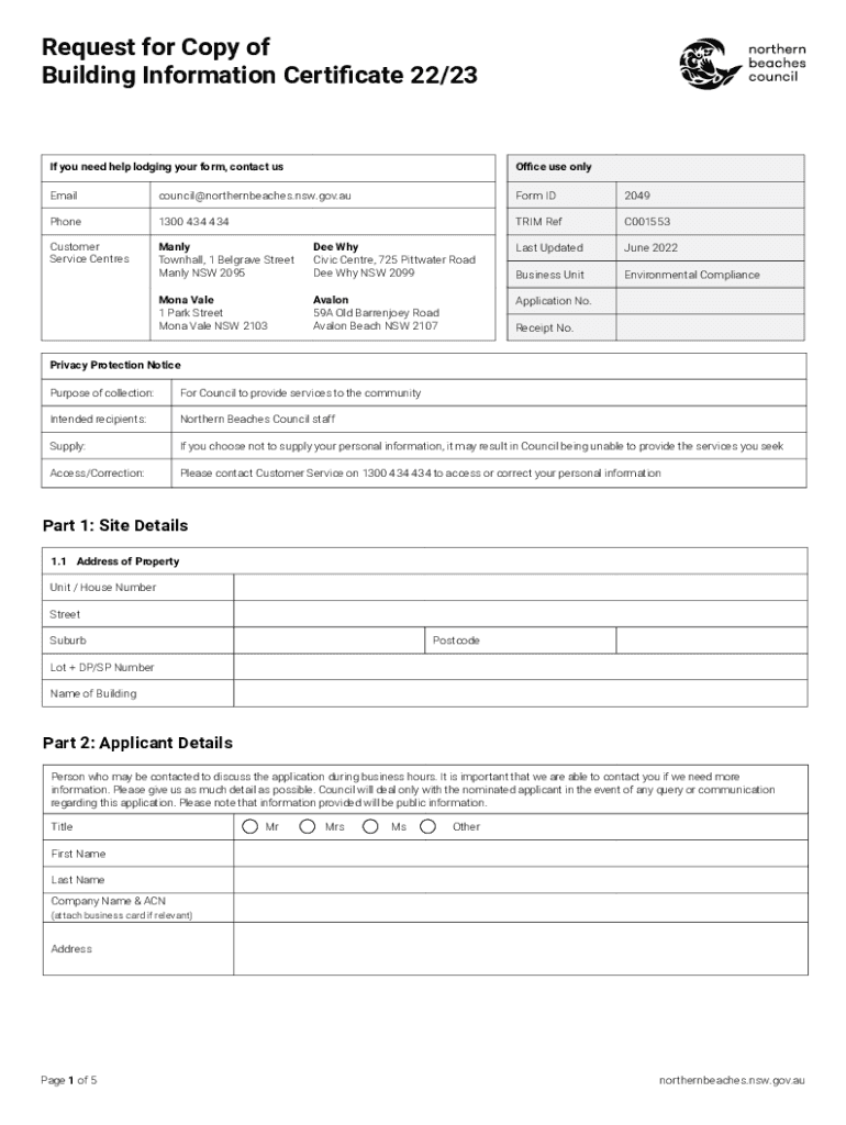 Fillable Online Request for Copy of Building Information Certificate 22 ...