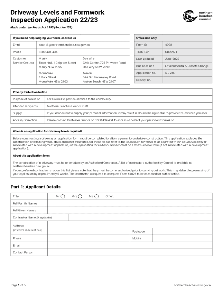 Fillable Online Driveway Levels and Formwork Inspection Application 22/ ...