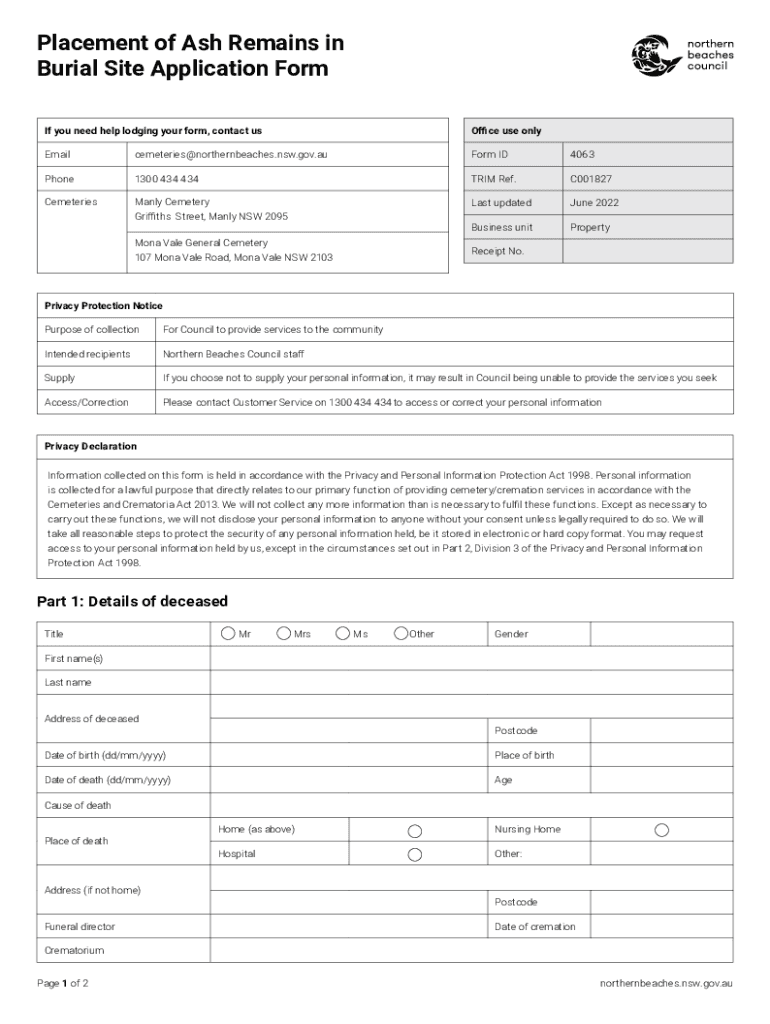 Fillable Online Placement of Ash Remains in Burial Site Application Form Fax Email Print - pdfFiller