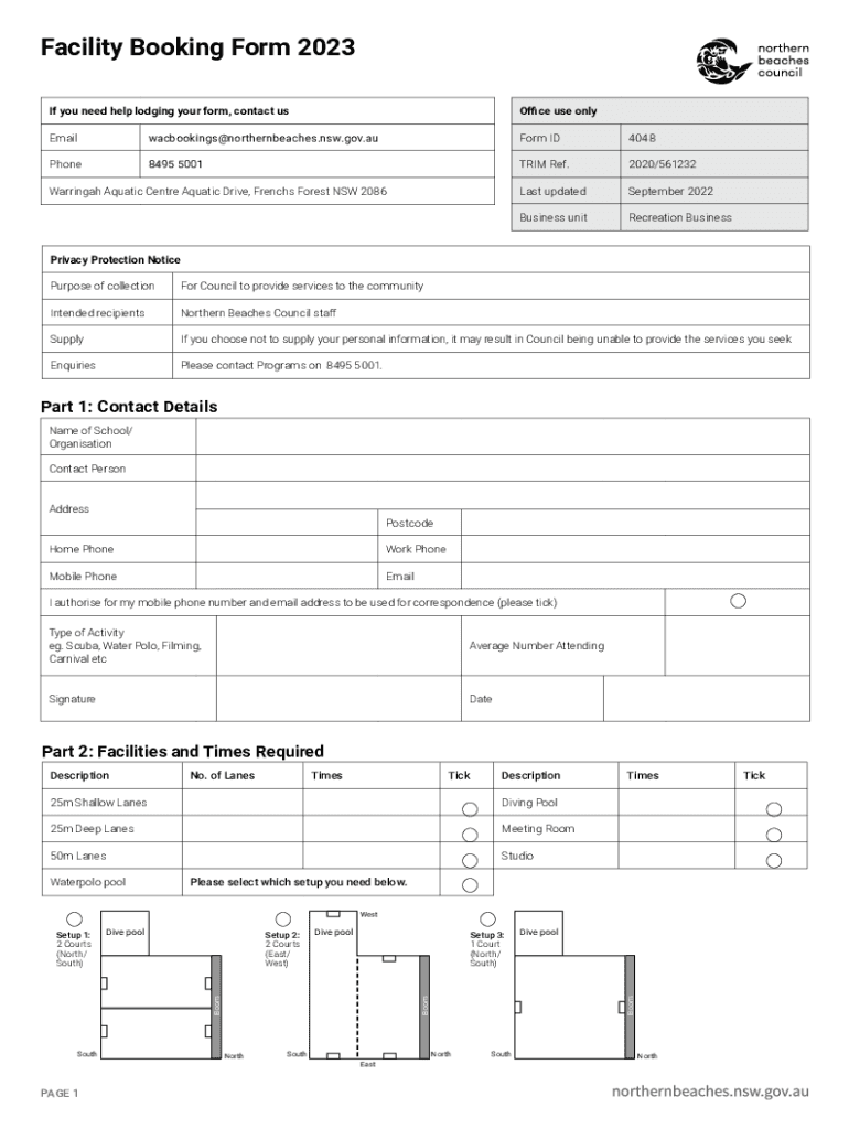 Fillable Online Facility Booking Form 2023 - Northern Beaches Council ...