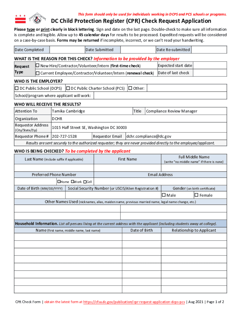 Fillable Online cfsa dc Request for a Child Protection Register (CPR ...