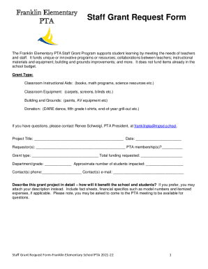Fillable Online Franklin Elementary PTA - Staff Grant Request Form Fax ...