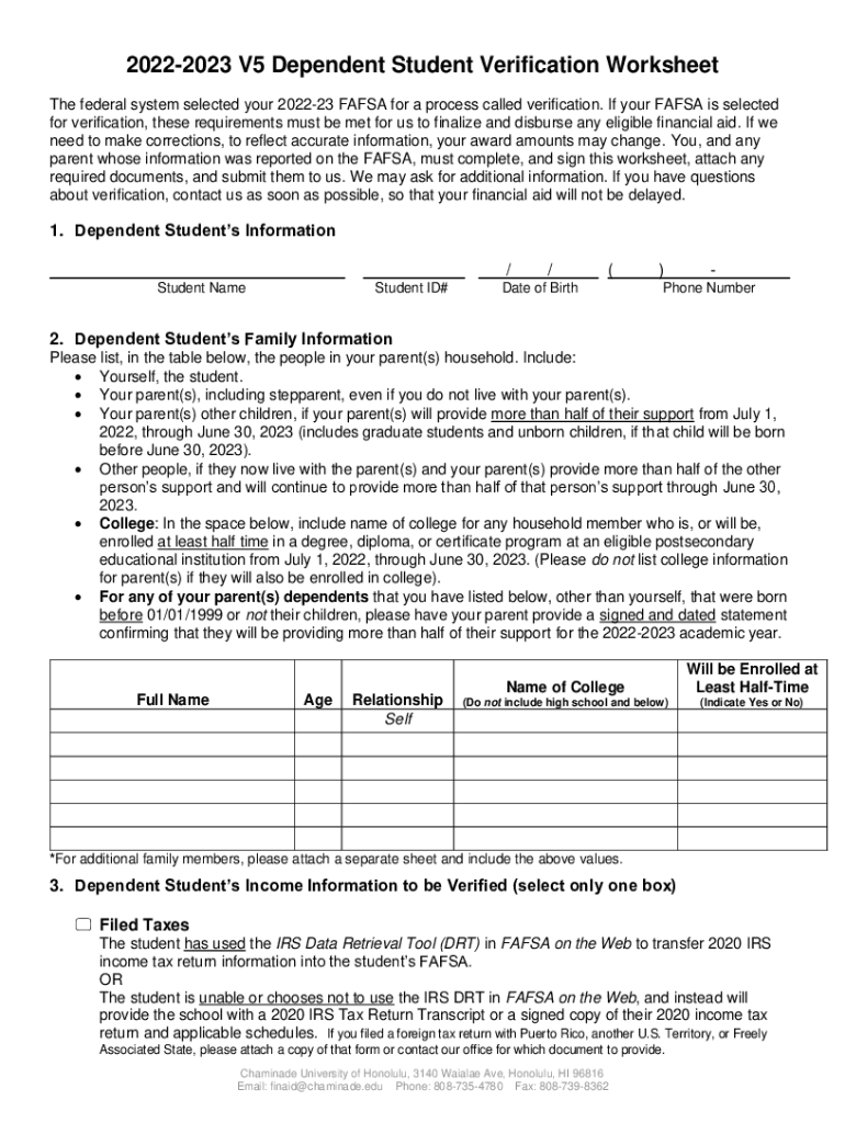 Fillable Online 2023 Dependent Student Verification Worksheet (V4/V5) Fax Email Print - pdfFiller