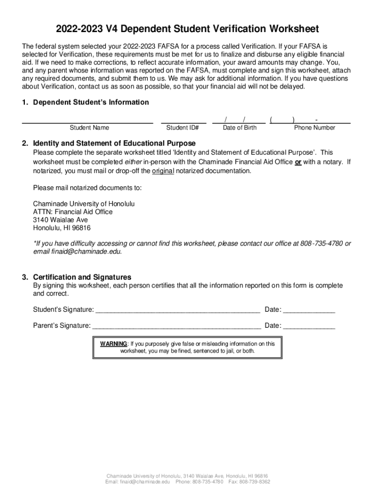 Fillable Online 2022-23 V-4 Dependent Verification Worksheet - AMDA Fax ...