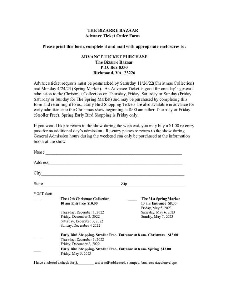 Fillable Online Advance Ticket Order Form - Richmond - The Bizarre ...