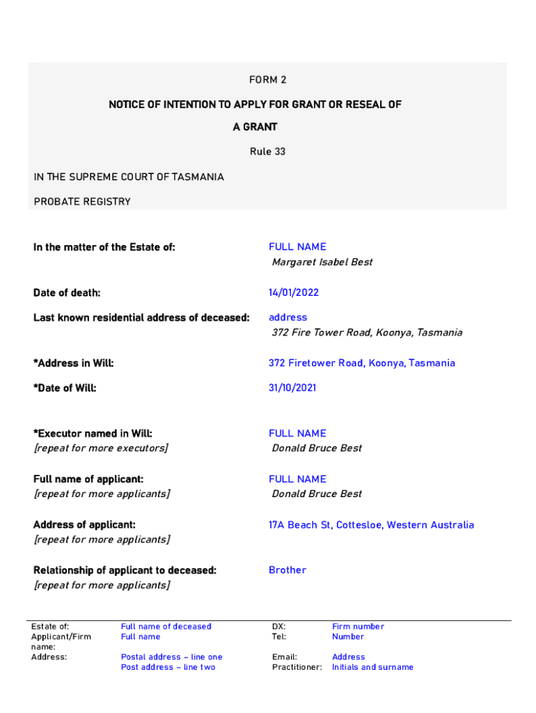 Fillable Online Form-2-Notice-of-intention-to-apply-for-grant-or-reseal-of-a-grant-1 Fax Email ...