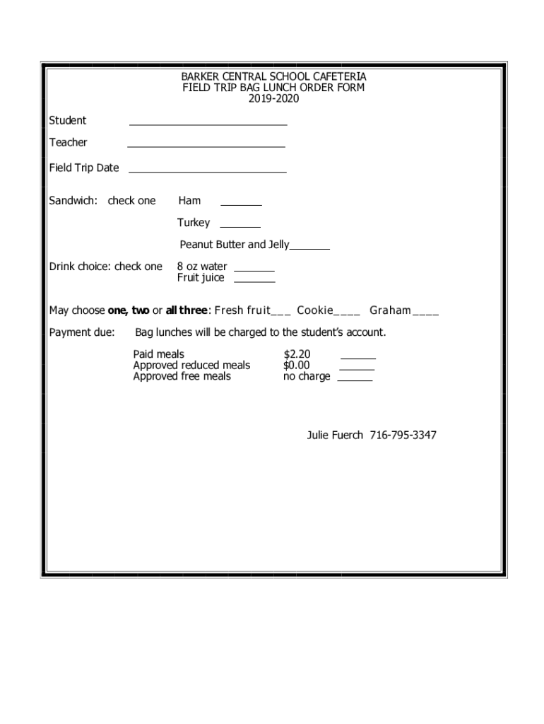 Fillable Online BAG LUNCH ORDER FORM DATE OF TRIP Fax Email Print ...