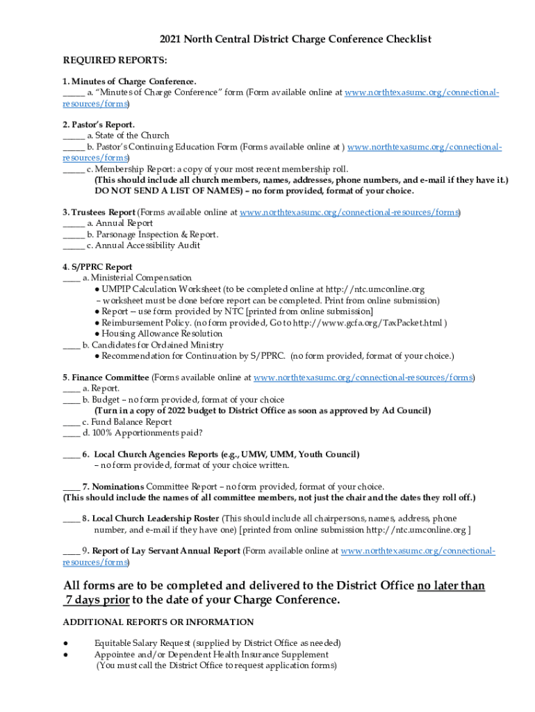 Fillable Online 2021 North Central District Charge Conference Checklist ...