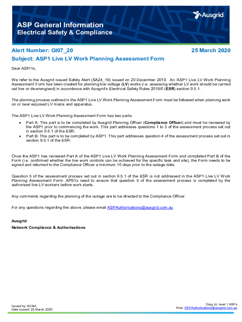 Fillable Online GI0020 ASP1 Live LV Work Planning Assessment Form ...