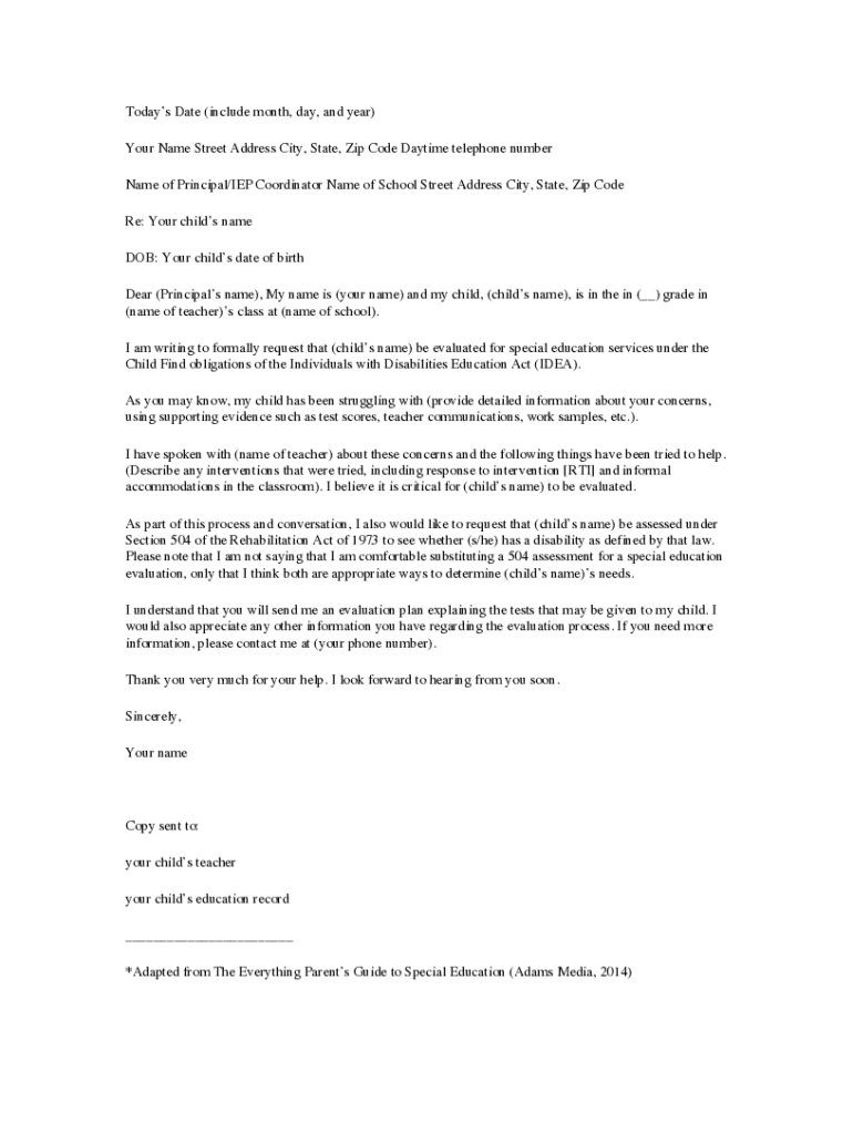 Fillable Online sample letter requesting evaluation for special education Fax Email Print ...