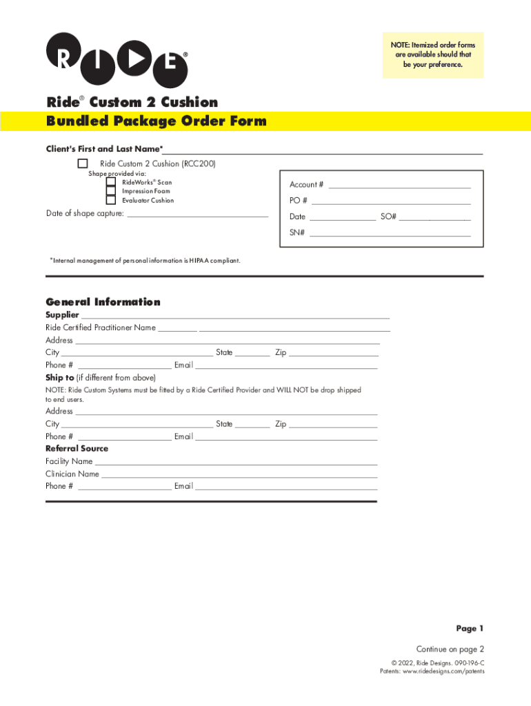 Fillable Online Ride Custom 2 Cushion Bundled Package Order Form Fax ...