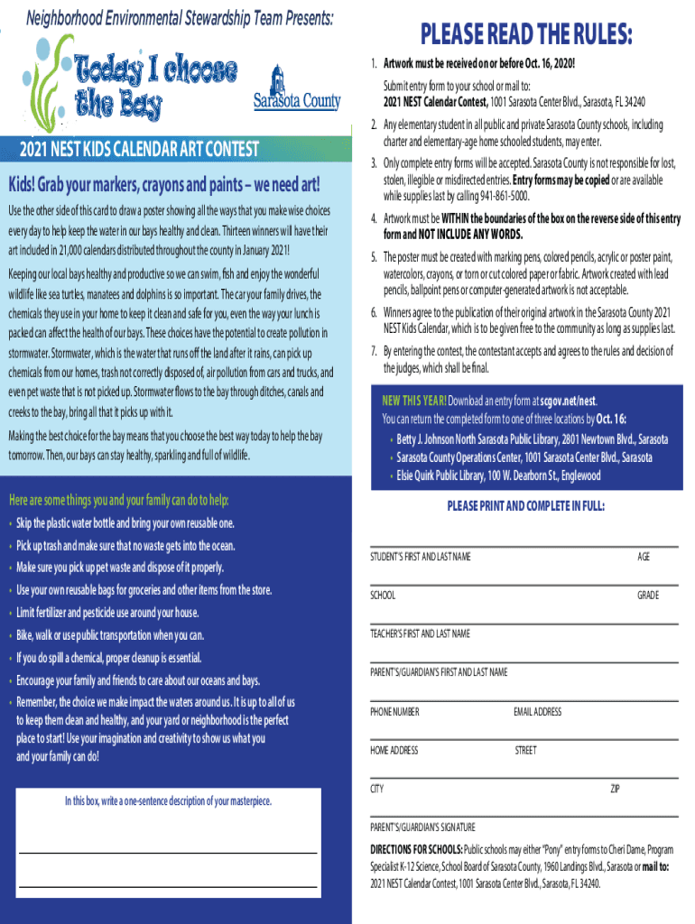 Fillable Online 2021 NEST Calendar Contest Entry Form. printable form ...