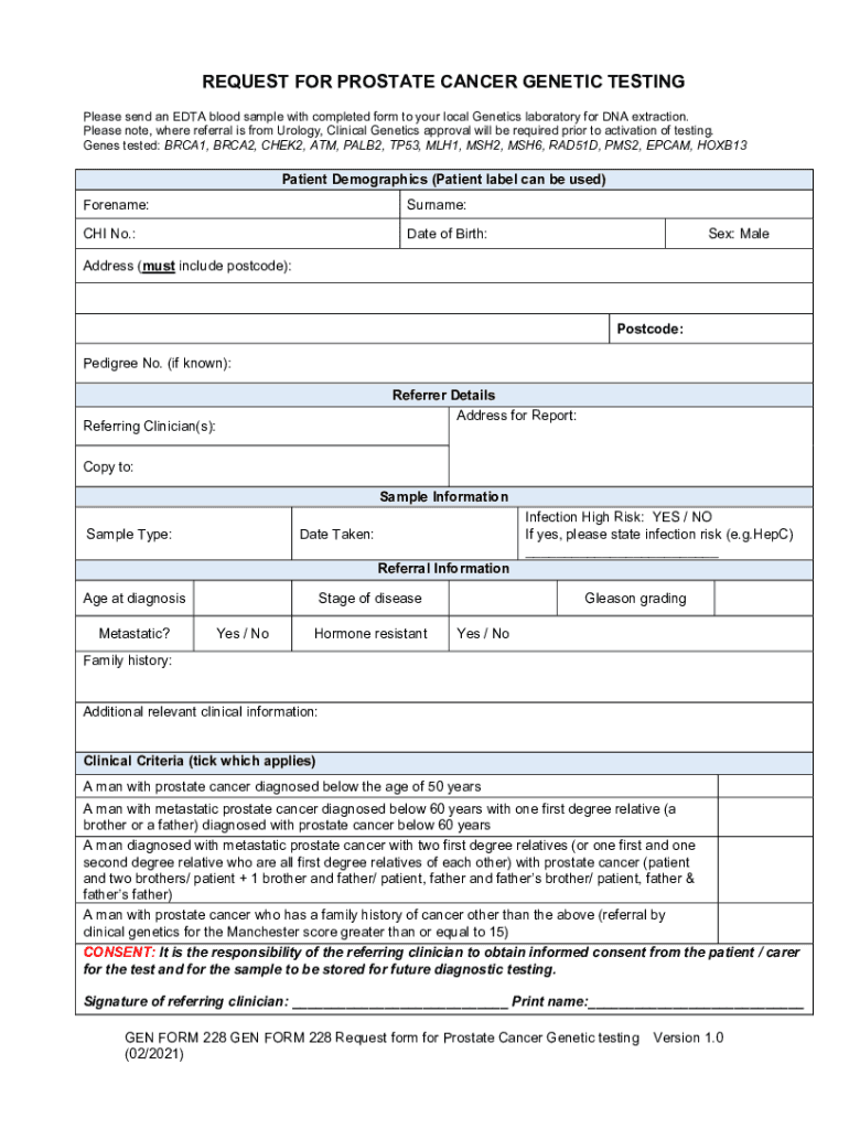 Fillable Online GEN FORM 228 Request form for Prostate Cancer Genetic ...