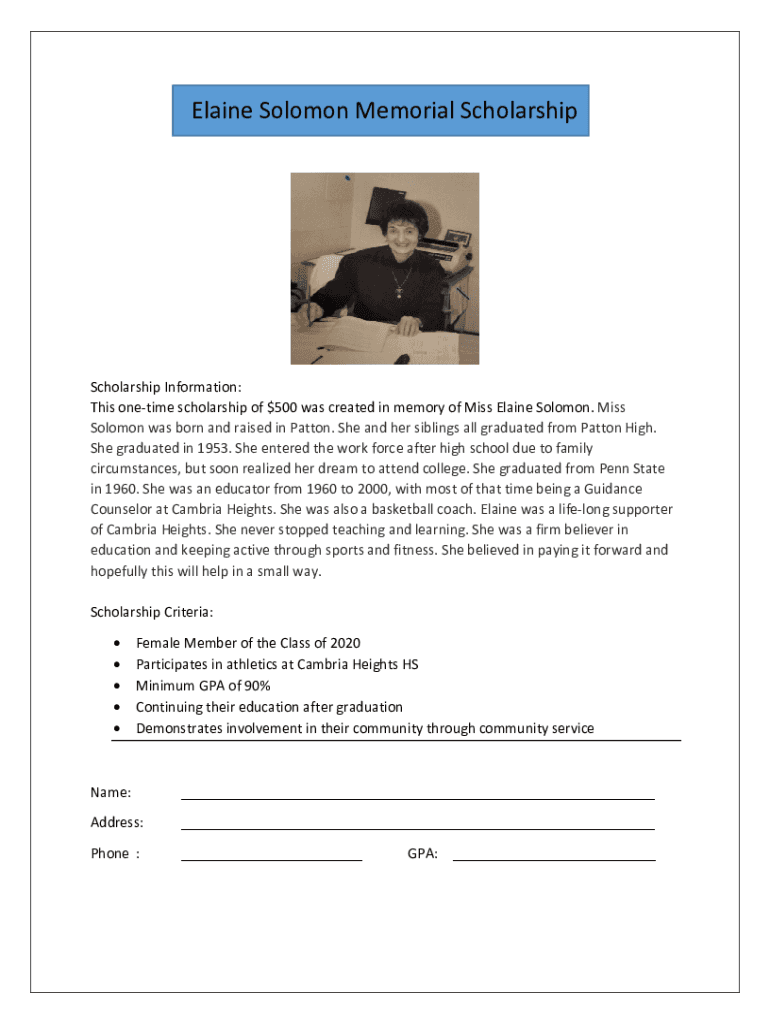 Fillable Online Elaine Solomon Memorial Scholarship - Cambria Heights ...