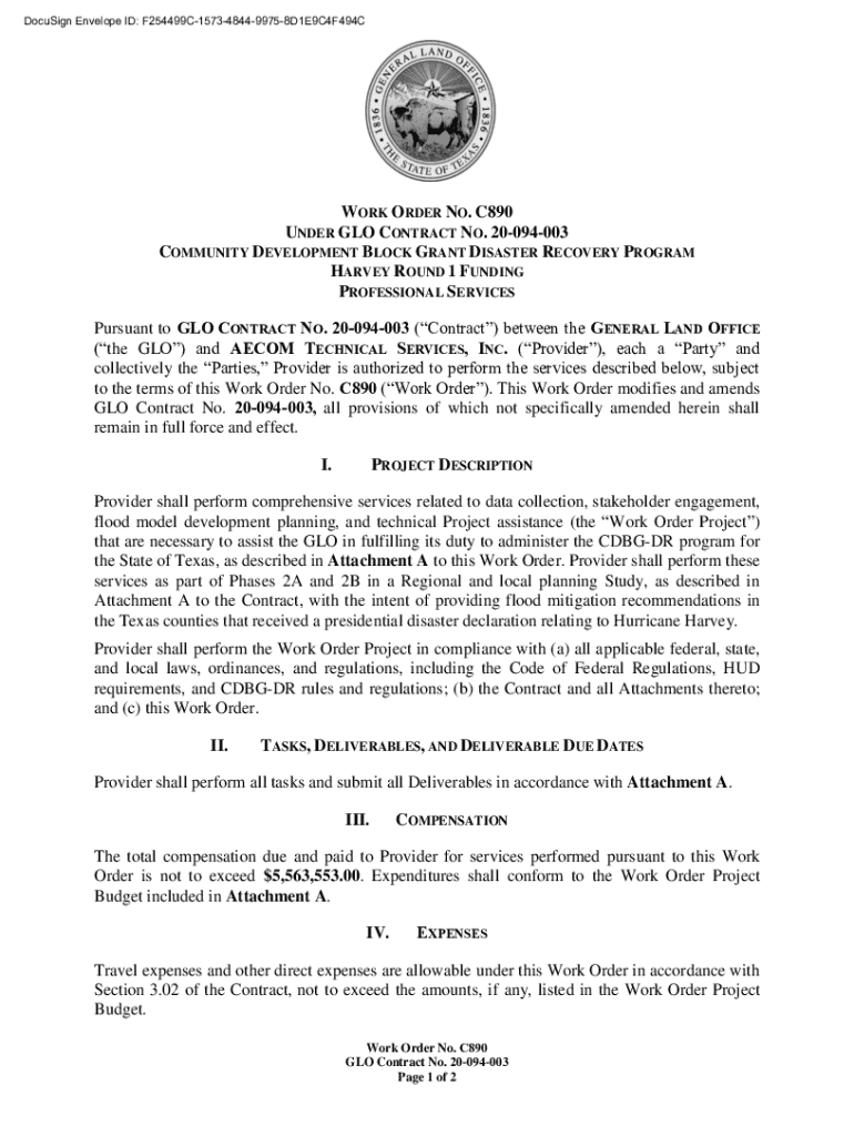 Fillable Online WORK ORDER NO. C890 UNDER GLO CONTRACT NO. 20 ... Fax ...