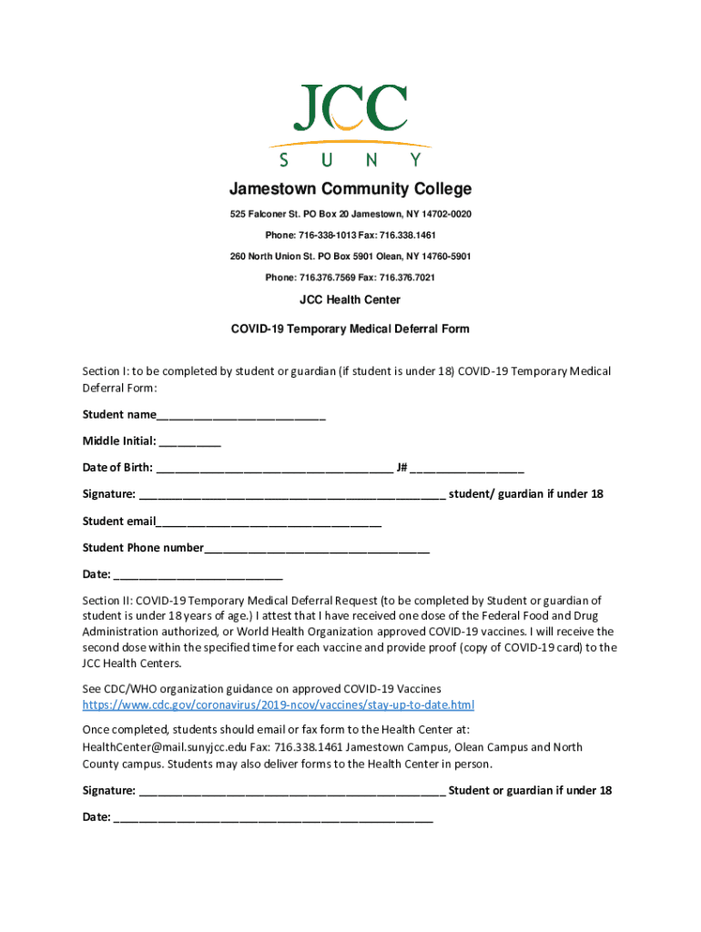 Fillable Online JCC Health Center COVID-19 Medical Deferral Form Fax ...