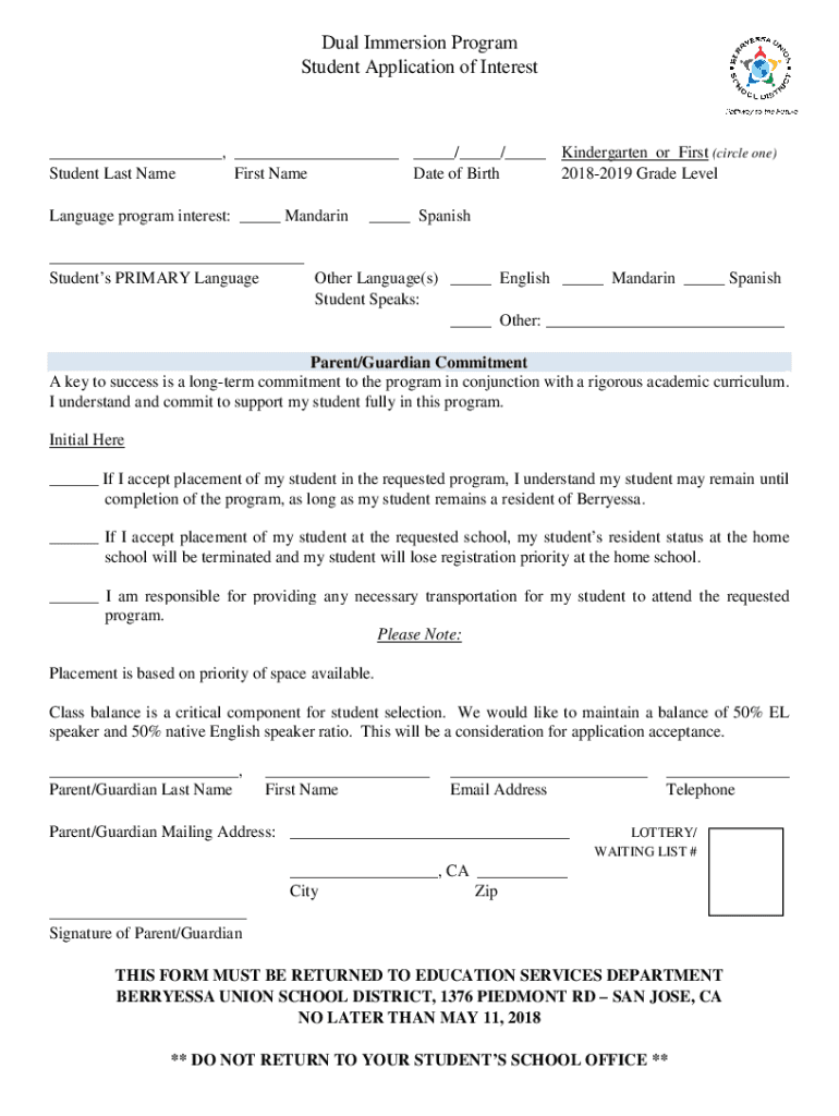 Fillable Online Chinese Dual Language Immersion Program Application ...