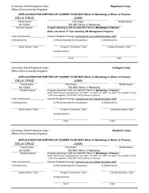 Fillable Online Application for Shifting to BS MGT Minor Degree Fax ...