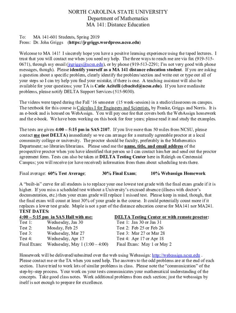 Fillable Online NCSU Department of Mathematics MA 141: Distance ...