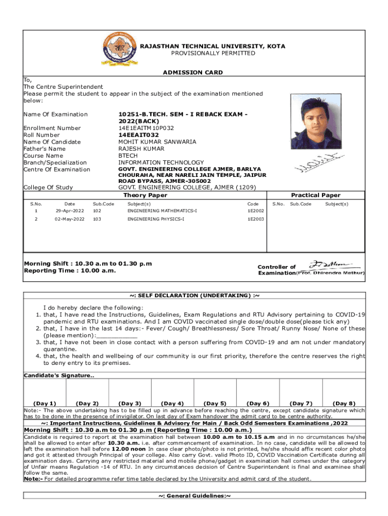 Fillable Online ecajmer ac rajasthan technical university, kota ...