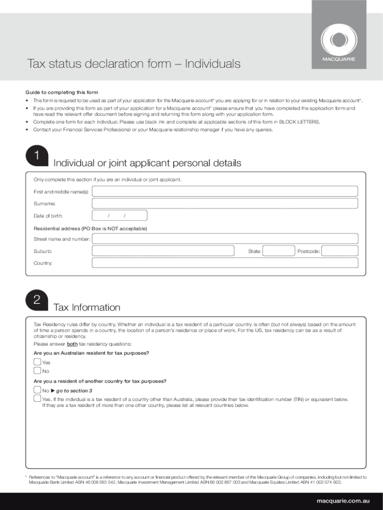 Fillable Online Tax status declaration formIndividuals. Macquarie tax ...