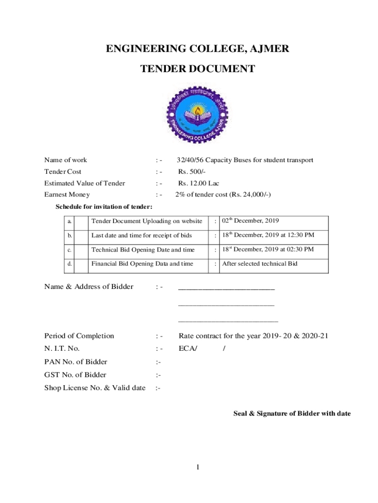 Fillable Online ecajmer ac ENGINEERING COLLEGE, AJMER TENDER DOCUMENT Fax Email Print - pdfFiller
