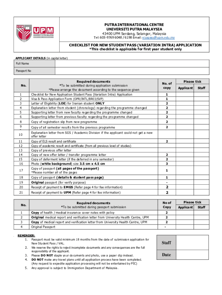 Fillable Online intl upm edu checklist for new student pass (variation ...