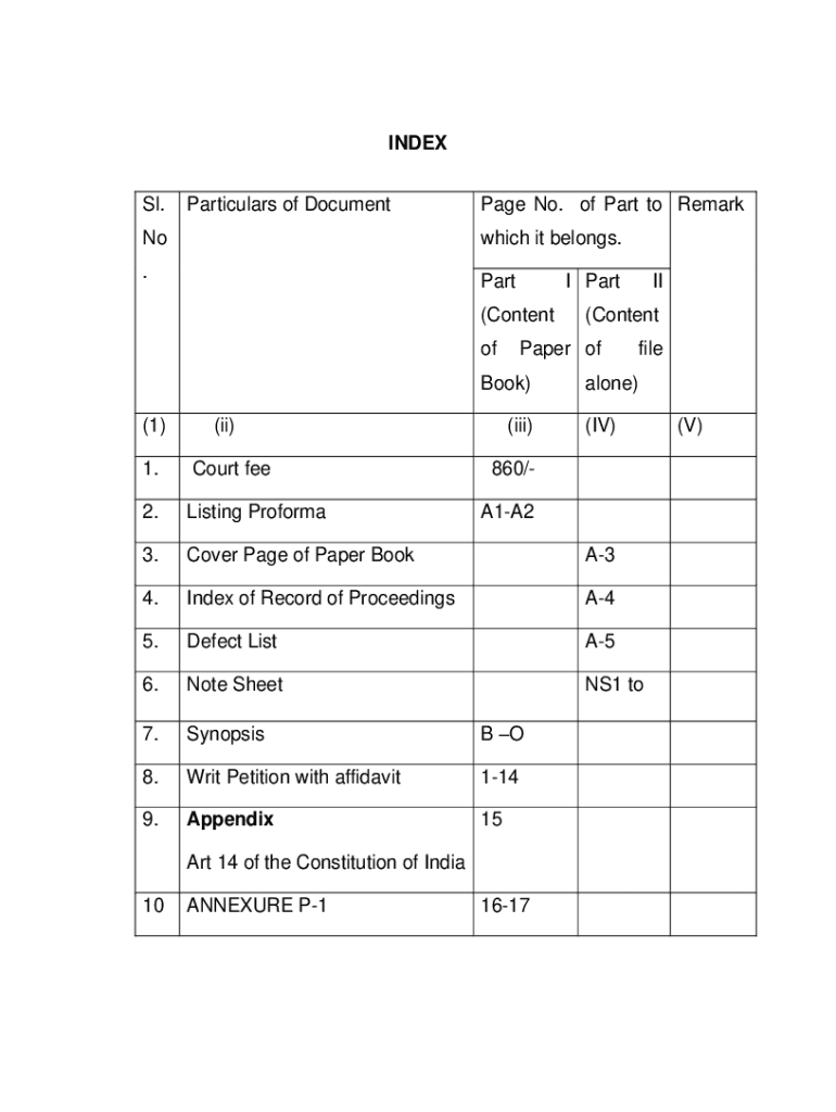 Fillable Online INDEX Sl. No . Particulars of Document Page No. of Part ...