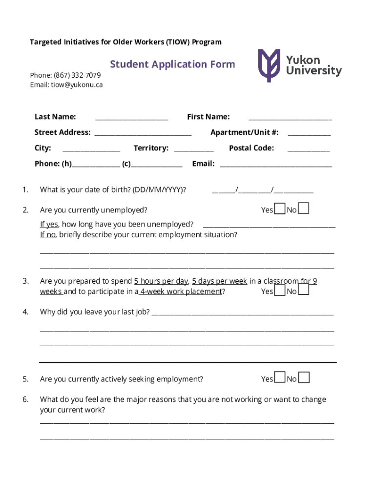 Fillable Online YUKON COLLEGE Targeted Initiatives for Older Workers ...