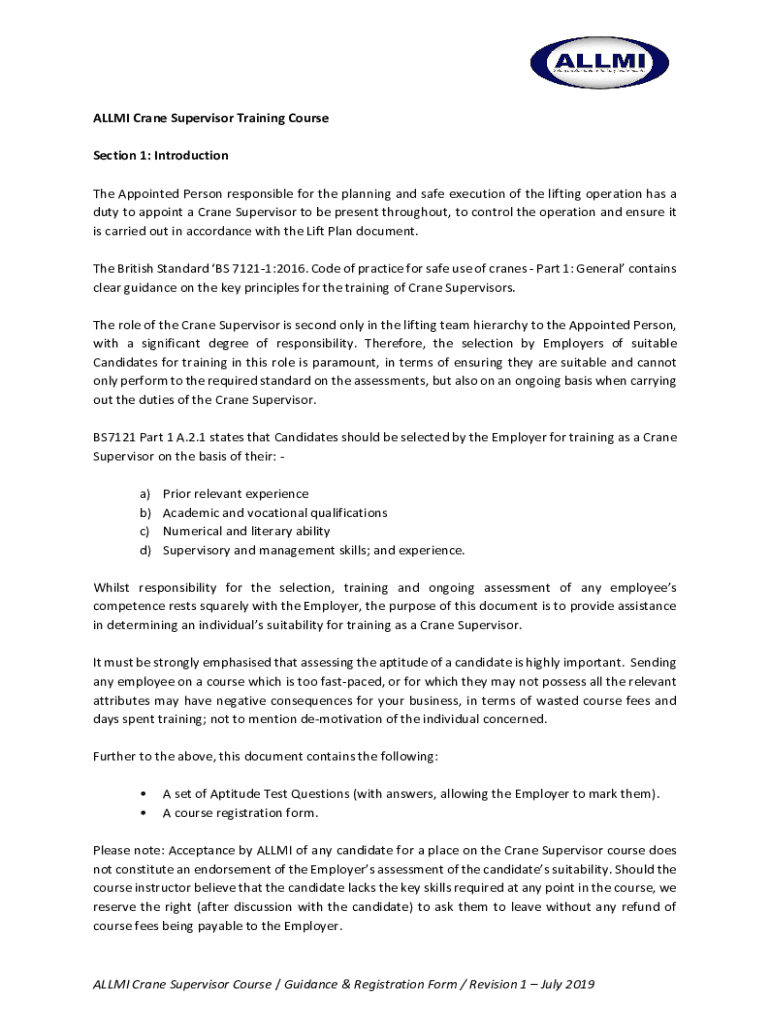 Fillable Online ALLMI Crane Supervisor Course / Guidance & Registration ...