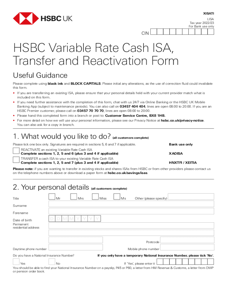 Fillable Online HSBC Cash e-ISA Cash Transfer In and Reactivation Form ...