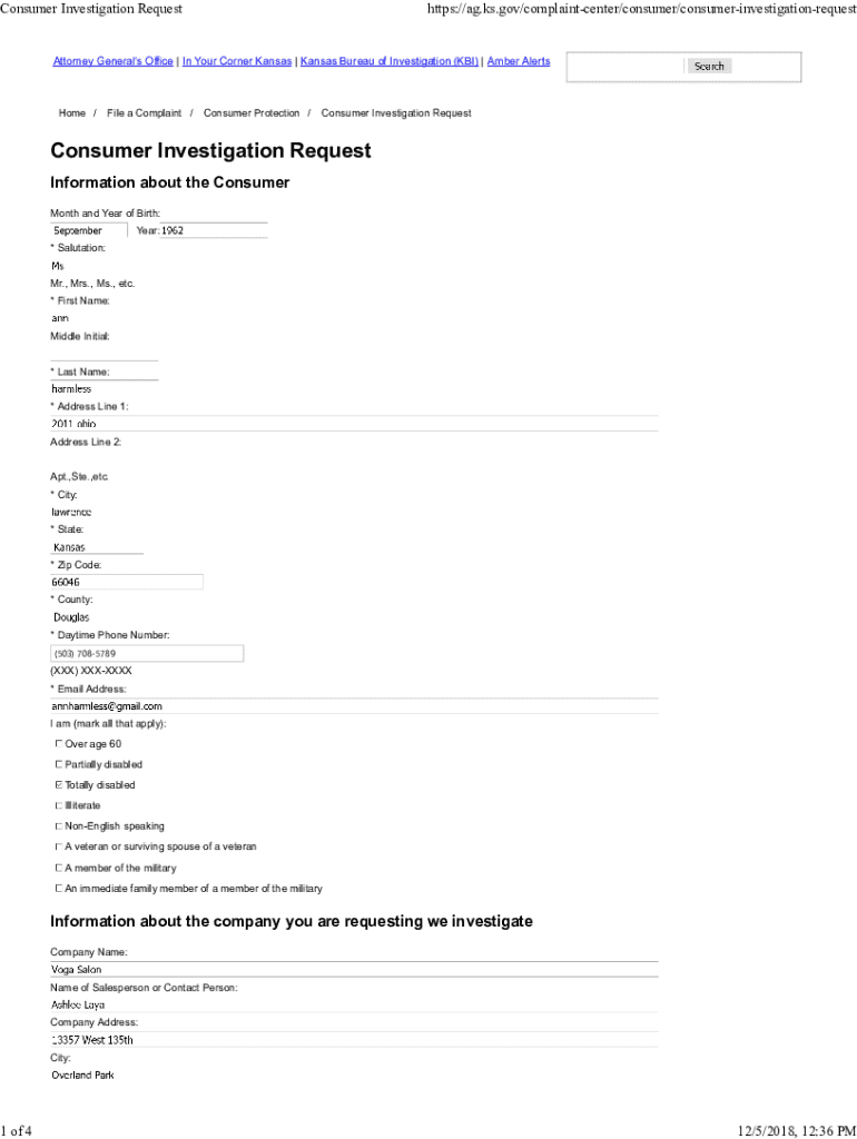 Fillable Online Consumer Investigation Request - Attorney General Fax ...