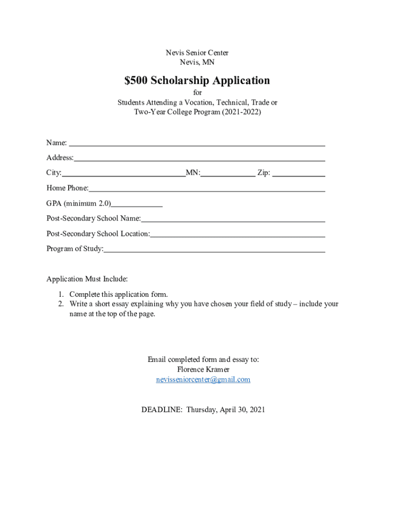 Fillable Online $500 Scholarship Application - SharpSchool Fax Email Print - pdfFiller