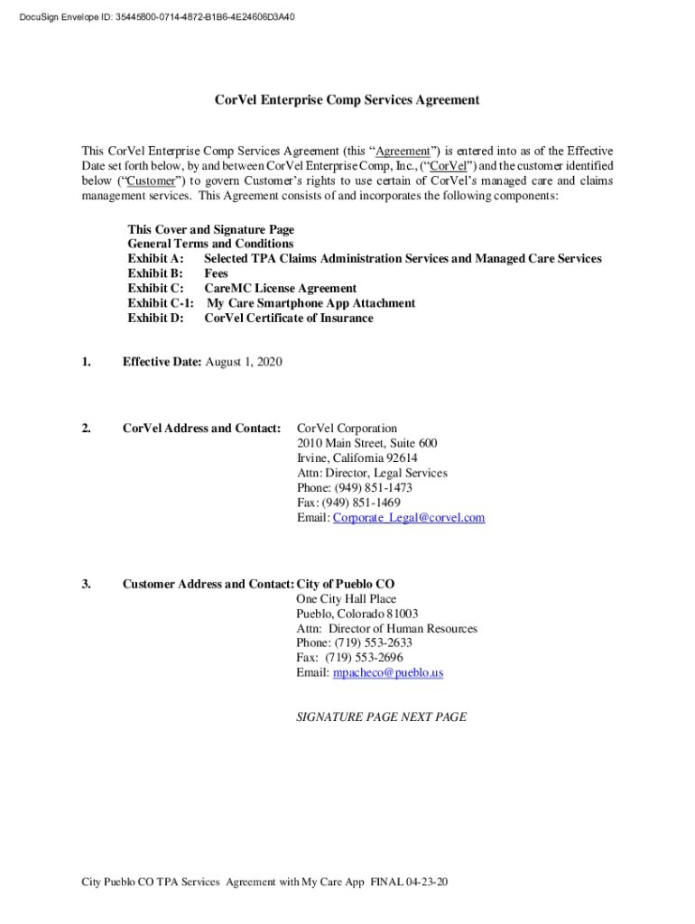 Fillable Online CorVel Enterprise Comp Services Agreement - Pueblo, CO ...