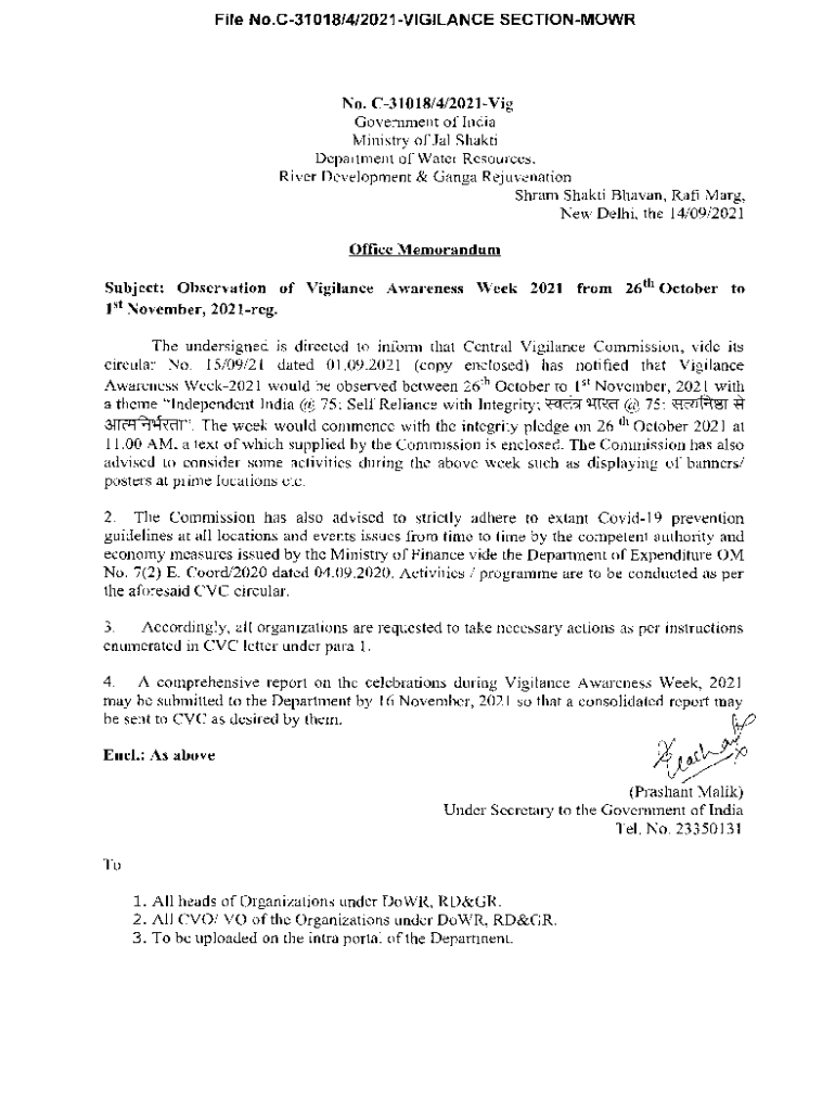 Fillable Online Subject: Observation of Vigilance Awareness Week 2021 ...