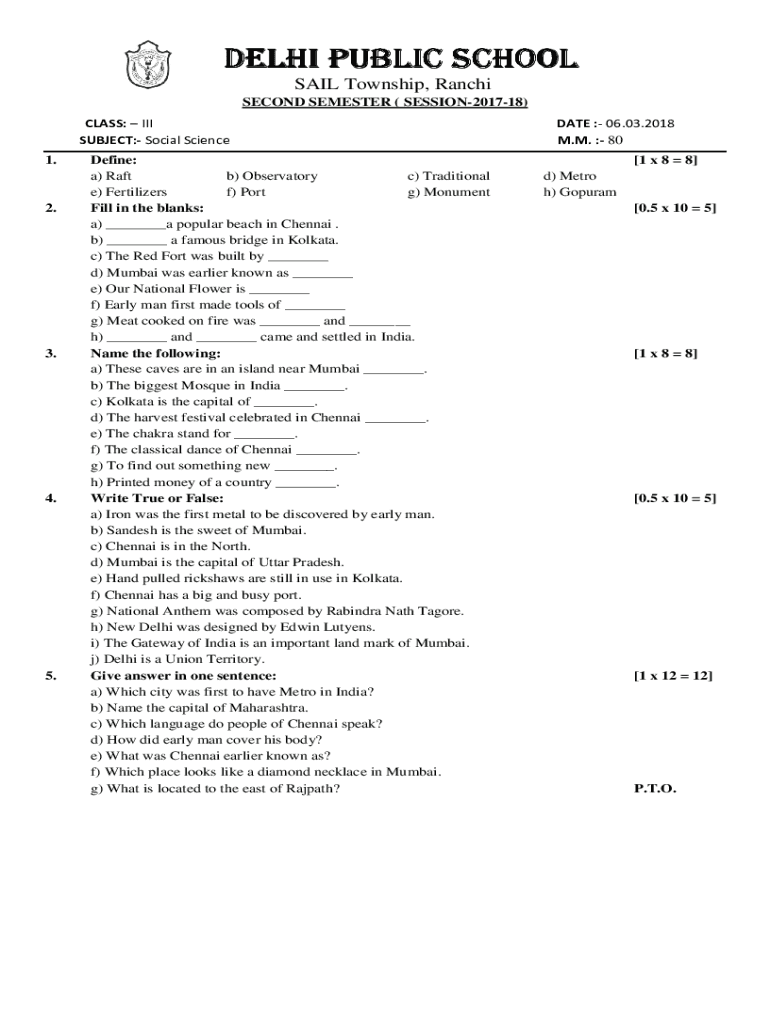Fillable Online Previous Year Question Paper Senior - DPS Ranchi Fax ...
