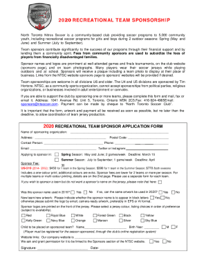 Fillable Online Recreational Team Sponsorship - North Toronto Soccer ...