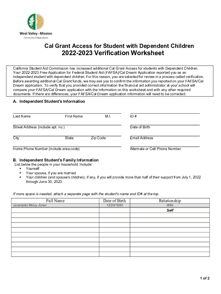 Fillable Online Cal Grant Access for Student with Dependent Children ...