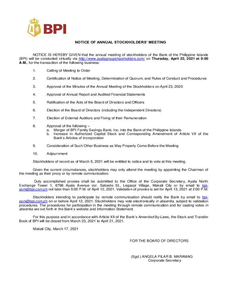 Fillable Online Bank of the Philippine Islands (BPI) to hold Special ...