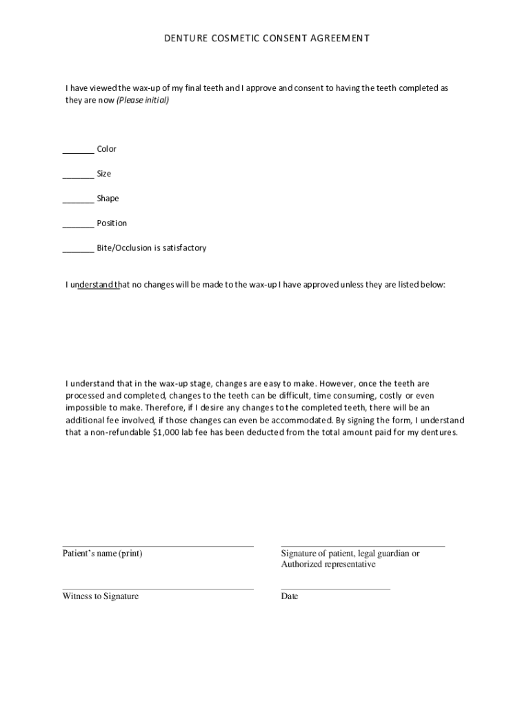 Fillable Online DENTURE COSMETIC CONSENT AGREEMENT Fax Email Print ...