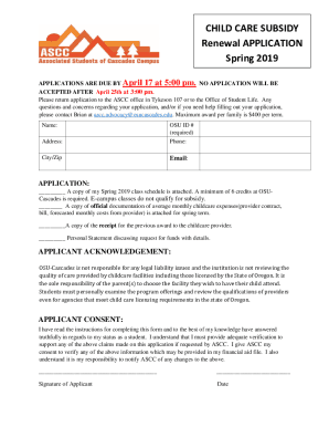 Fillable Online CHILD CARE SUBSIDY Renewal APPLICATION Spring 2019 Fax ...