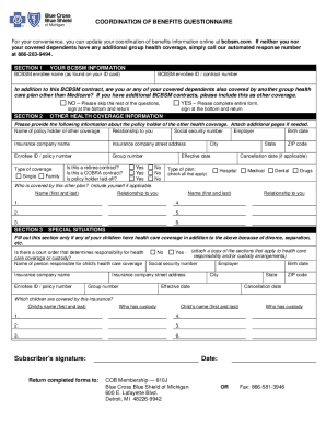 Fillable Online Coordination of Benefits Questionnaire - bcbsm.com Fax ...