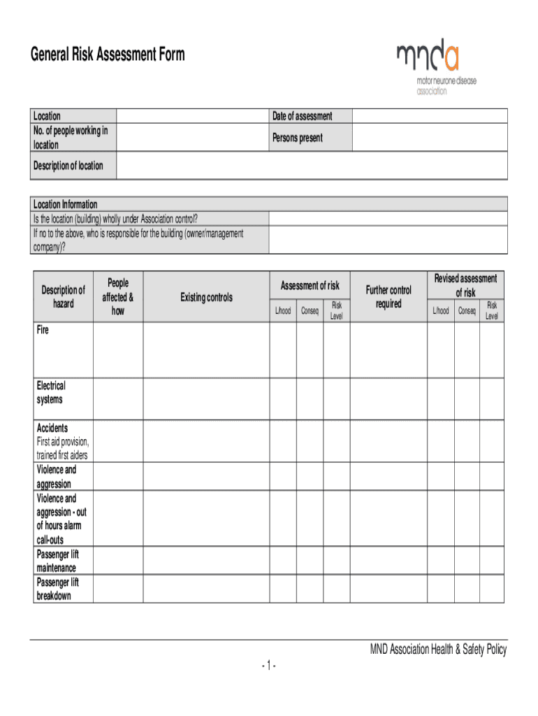 Fillable Online MND Association - Risk Assessment Form. Risk Assessment ...