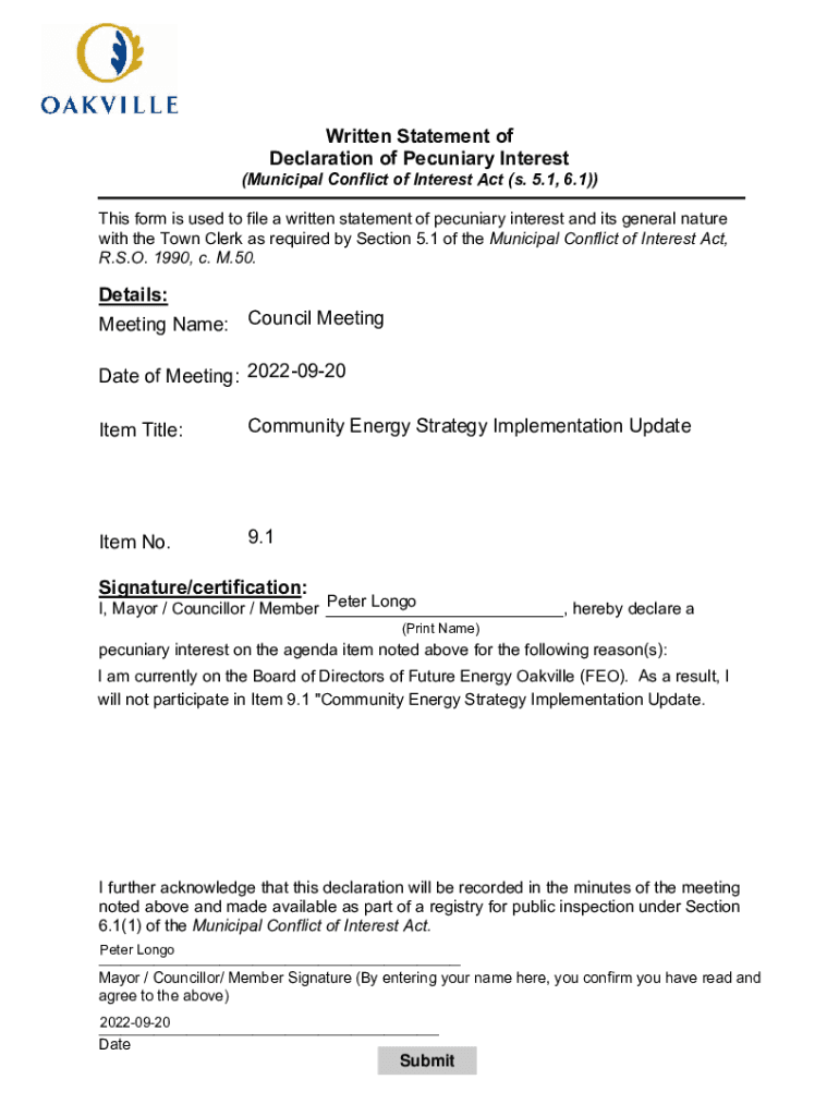 Fillable Online Written Statement of Declaration of Pecuniary Interest ...
