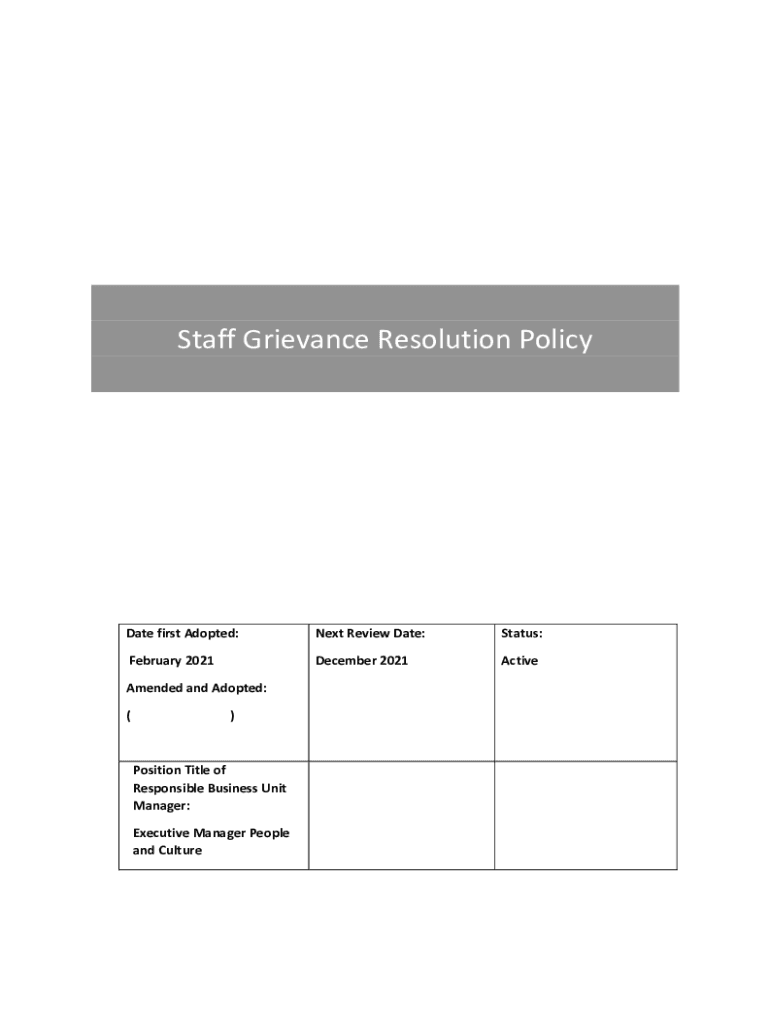 Fillable Online Staff Grievance Resolution PolicyGlen Eira City Council ...