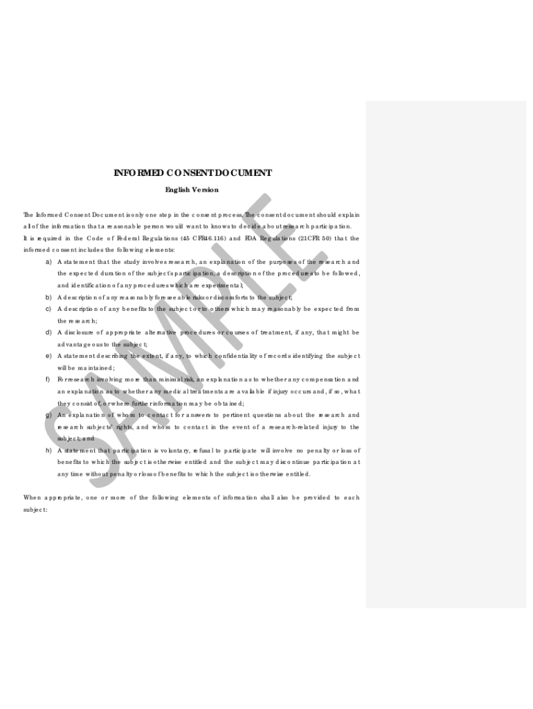 Fillable Online TemplateINFORMED CONSENT DOCUMENTENGagosto2016 Fax ...