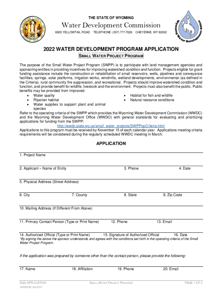 Fillable Online WATER DEVELOPMENT PROGRAM APPLICATION AWP I ... Fax ...