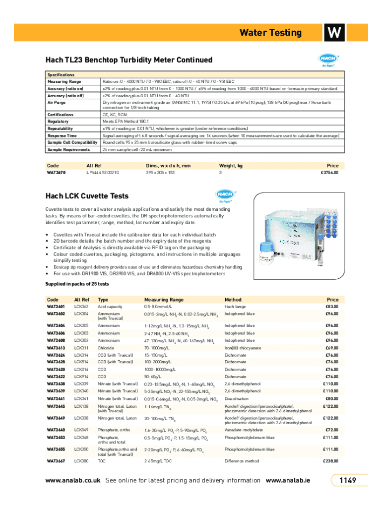Fillable Online TL2300 Tungsten Lamp Turbidimeter, EPA, 0 - 4000 NTU ...