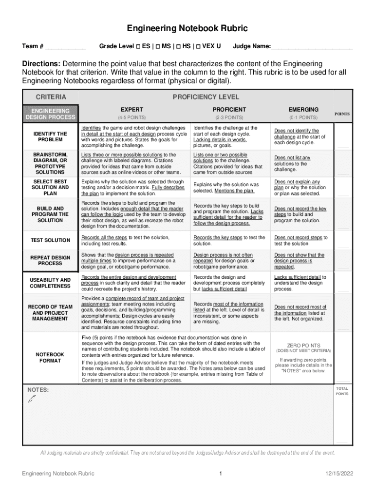 Vex Notebook Rubric - Fill Online, Printable, Fillable, Blank | pdfFiller