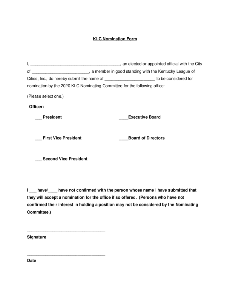 Fillable Online KLC Nomination Form - Kentucky League of Cities Fax ...